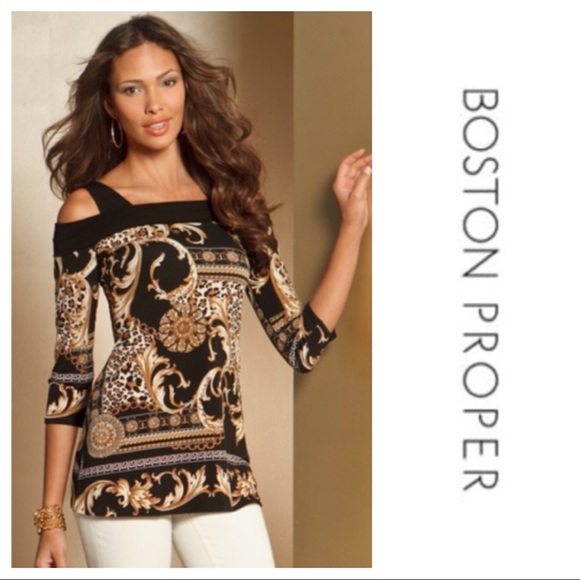 Boston Proper | Tops | Boston Proper Black And Gold Offshoulder Top ...